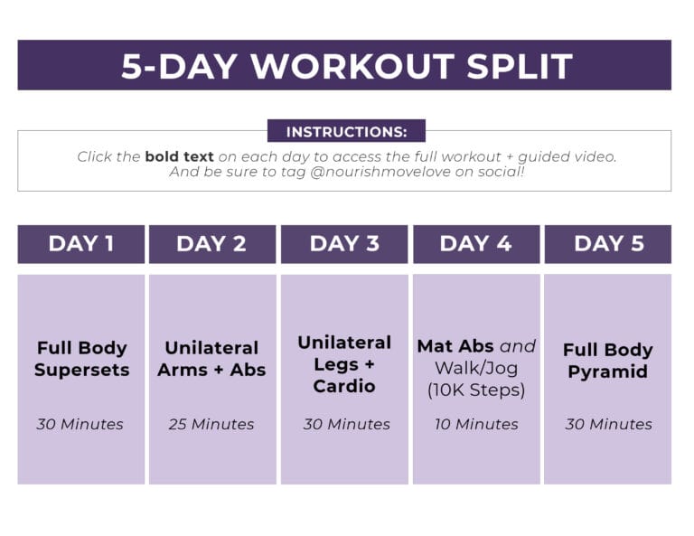 5 Day Workout Split with Daily Videos (PDF) | Nourish Move Love